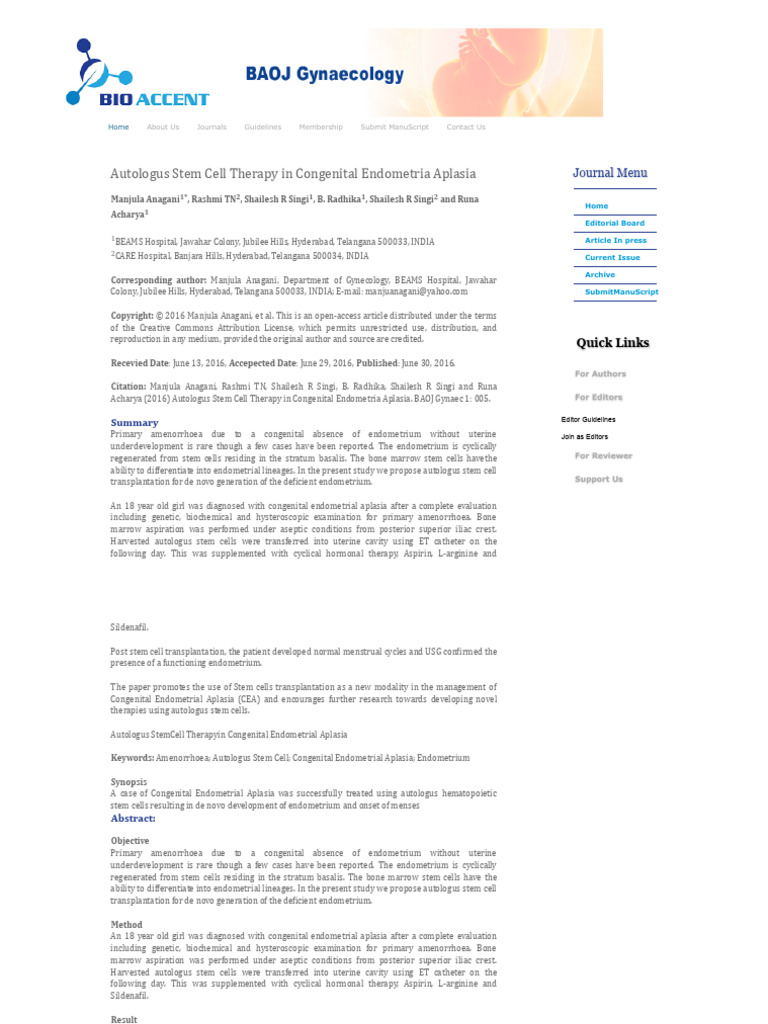 Autologus Stem Cell Therapy in Congenital Endometria Aplasia | PDF