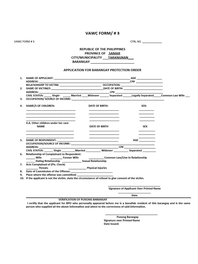 Barangay Protection Order Application Form | PDF
