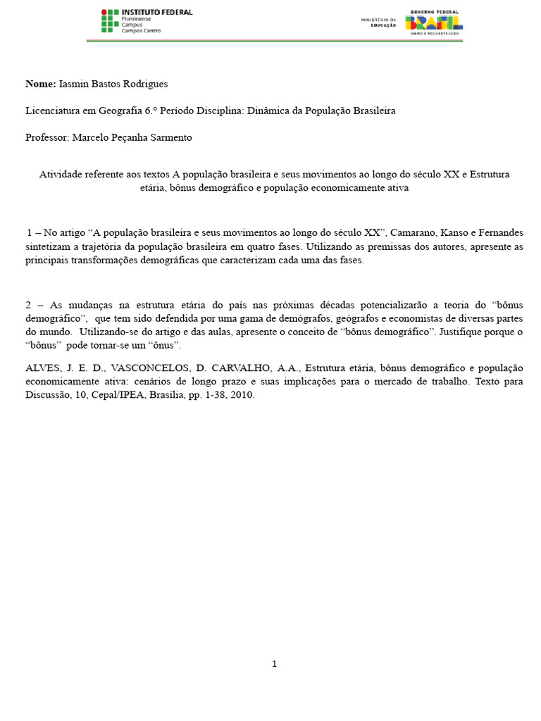 Atividade Aulas - Iasmin Rodrigues | PDF | Crescimento populacional ...