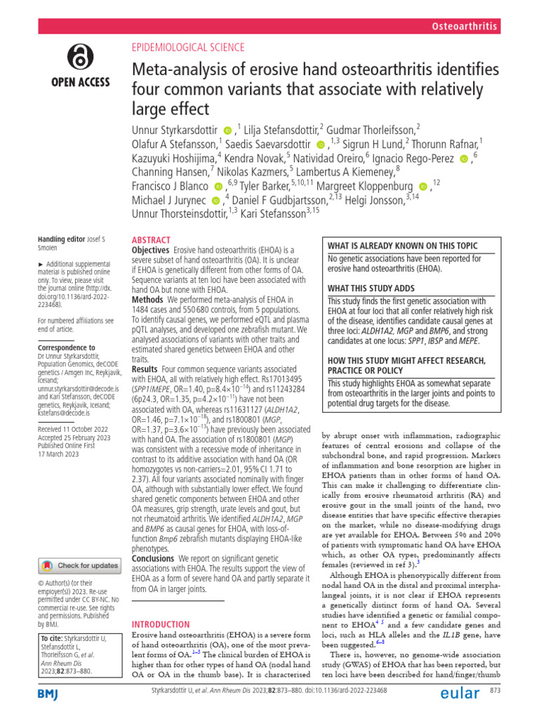 Erosive Hand Osteoarthritis Genetics | PDF | Gene Expression | Genotype