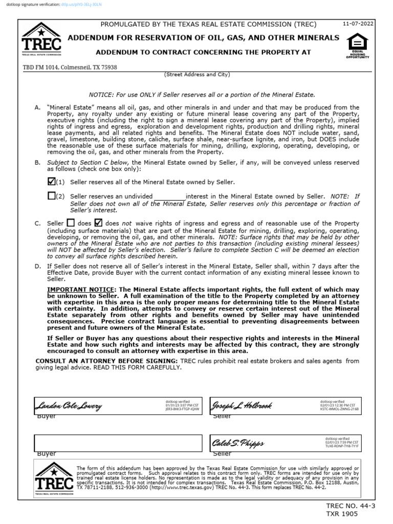 Addendum For Reservation of Oil, Gas, and Other Minerals (TXR 1905 TREC ...