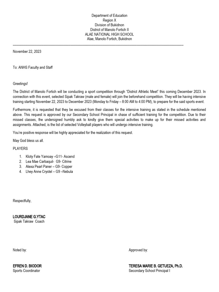 Volleyball Excuse Letter 2 | PDF