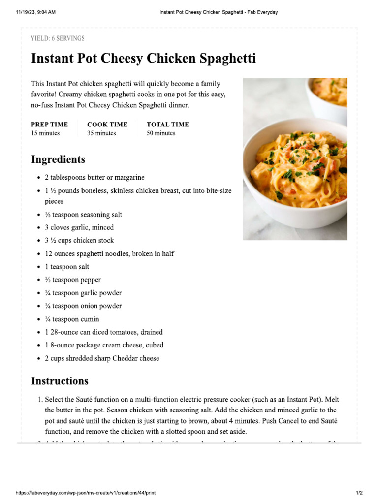 INSTANT POT CHEESY CHICKEN SPAGHETTI | PDF