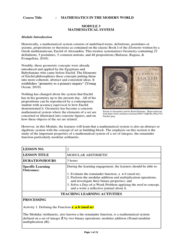 Mmw Module 3 2 Modular Arithmetic Pdf Euclid Mathematics
