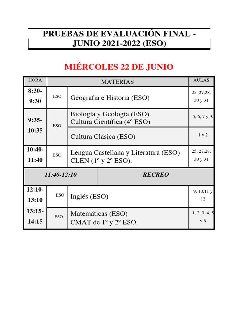 Horario Exámenes Finales ESO Junio 2022 | PDF | Ciencia y matemáticas | Tecnología