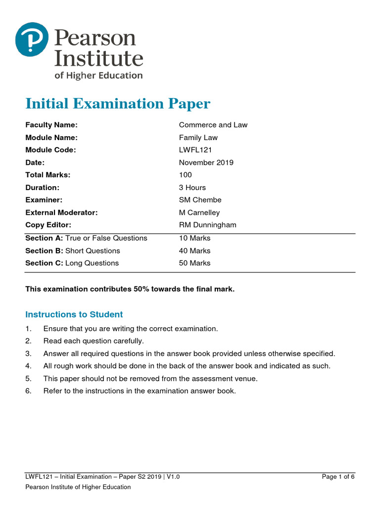 LWFL121 - Initial Exam - Paper S2 2019 (V1.0) | PDF | Marriage | Same ...