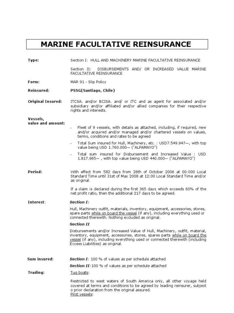 Marine Facultative Re Insurance | PDF | Reinsurance | Insurance
