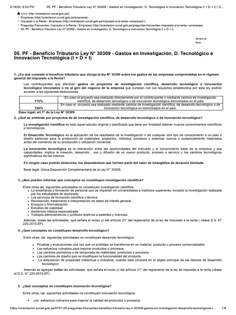 PF - Beneficio Tributario Ley #30309 - Gastos en Investigación, D. Tecnológico e Innovacion ...