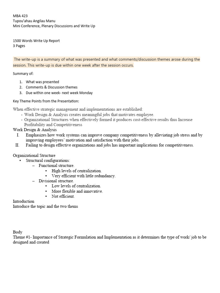 MBA 423 Mini Confrence & Plenary Write Up Report | PDF