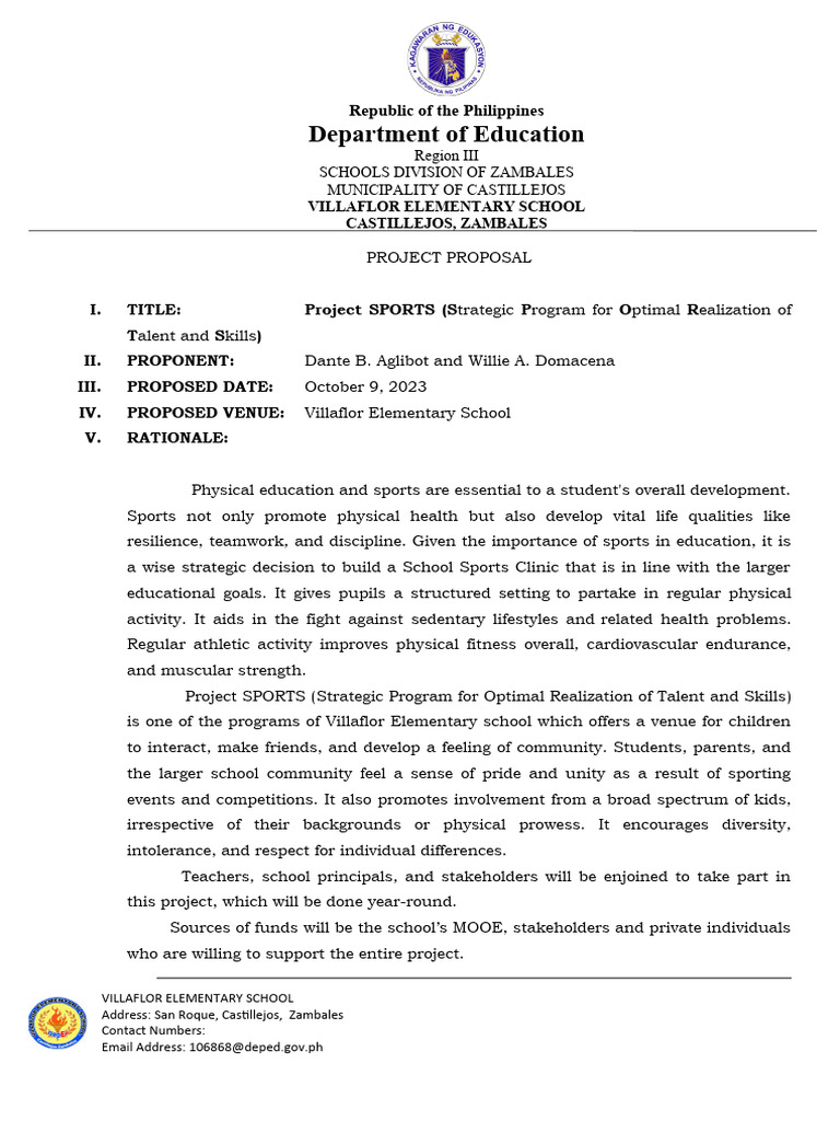 Project SPORTS Proposal for Villaflor School | PDF | Mental Health | Self Esteem