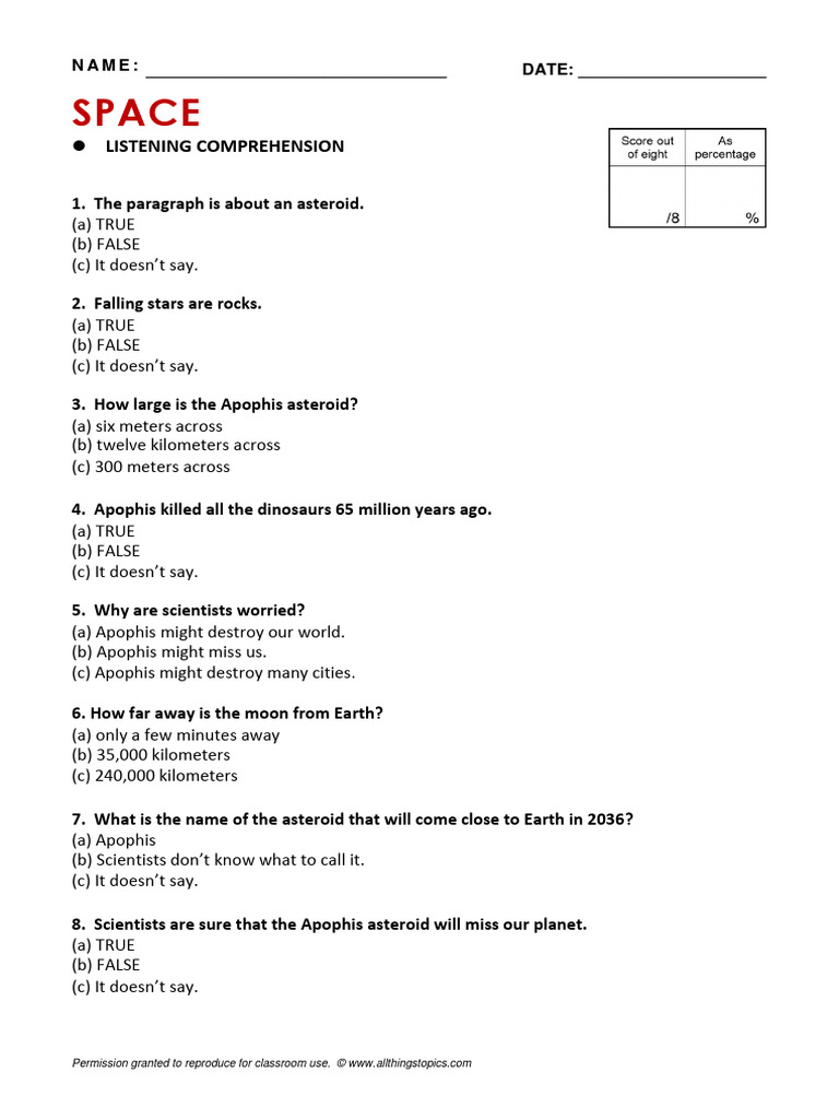 Apophis Asteroid Listening Quiz | PDF | Language Arts & Discipline ...