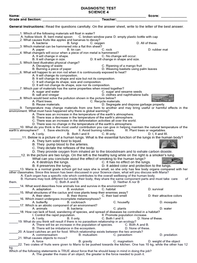 Science 4 Diagnostic Test with Answers | PDF | Water | Rain