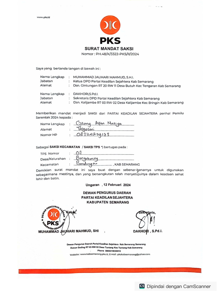 Surat Mandat Saksi Pks | PDF