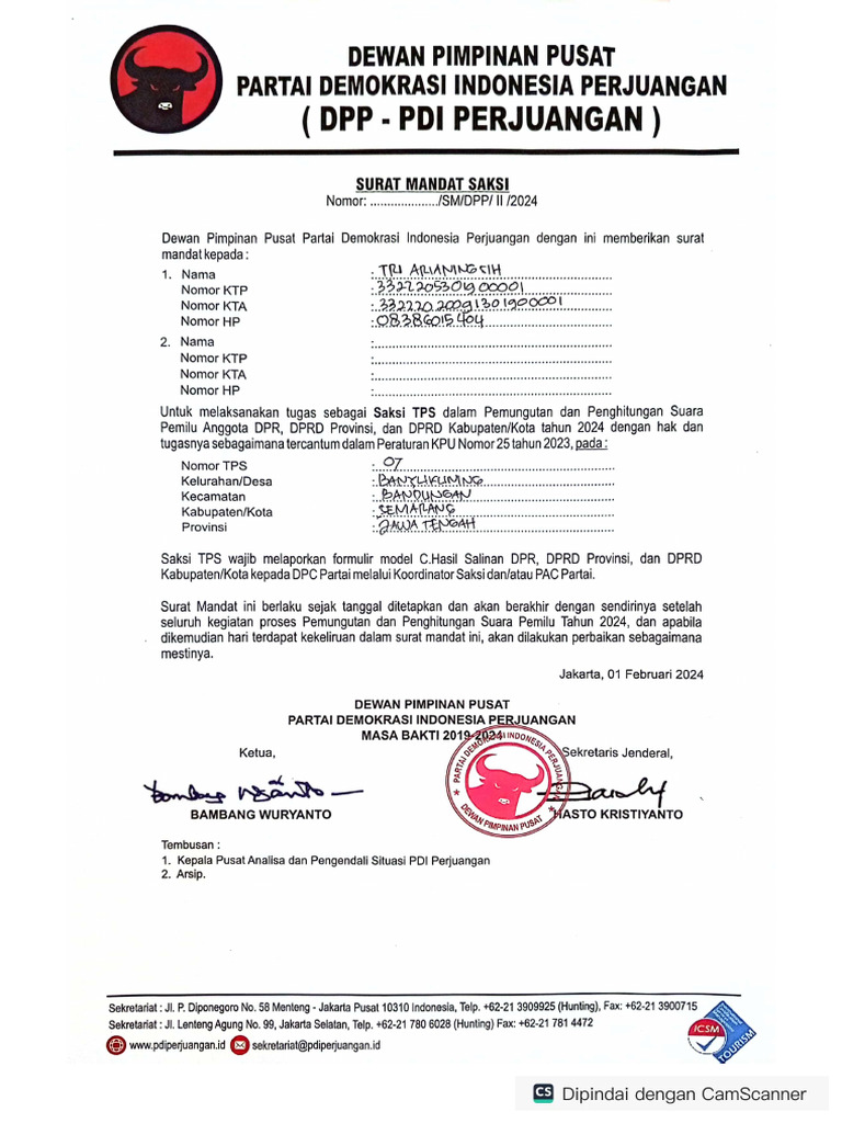 Surat Mandat Saksi Pdi | PDF