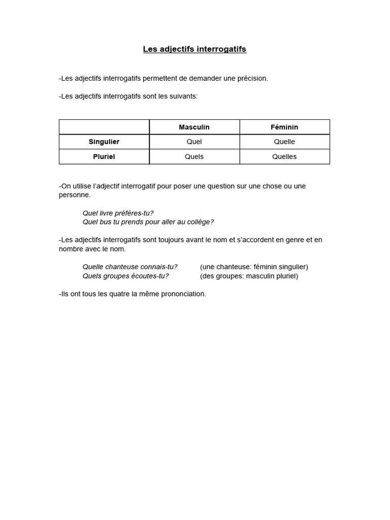 Adjectifs interrogatifs en français | PDF | Arts du langage et ...