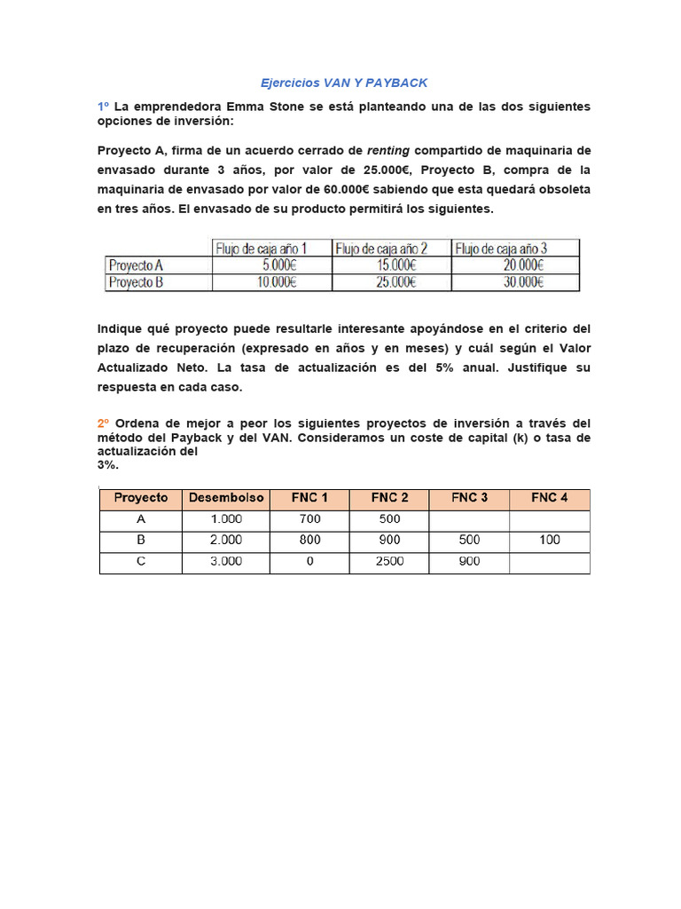 Ejercicios Van y Payback 3 | PDF