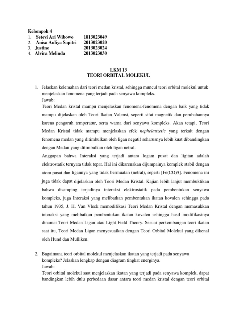 LKM-13 TEORI ORBITAL MOLEKUL Kelompok 4 | PDF | Metode & Bahan Ajar | Sains & Matematika