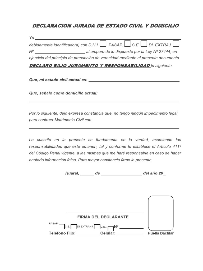 Formato de Declaración Jurada de Estado Civil y Domicilio. WORD | PDF