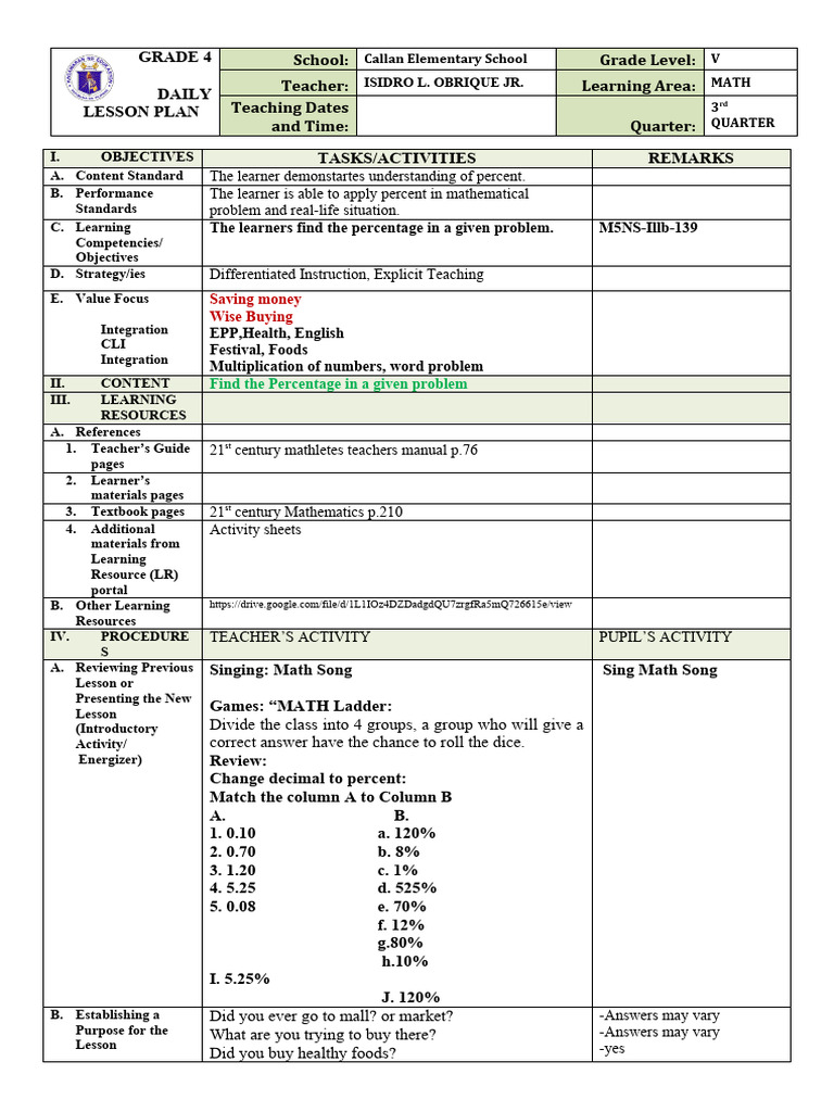 DLP MATH5 find the percentage in a given problem | PDF | Learning | Behavior Modification