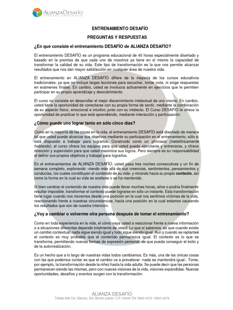Entrenamiento DESAFÍO: Transformación Personal | PDF | Aprendizaje ...