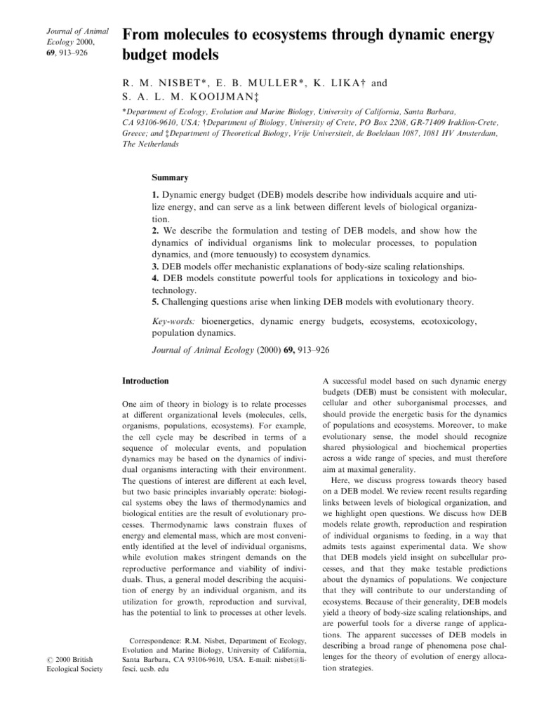 Journal of Animal Ecology - 2008 - Nisbet - From Molecules to Ecosystems Through Dynamic Energy ...