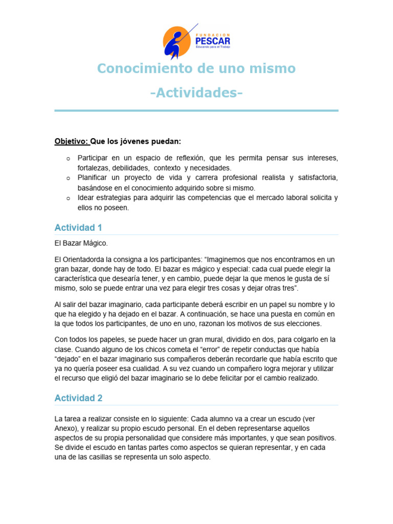 Conocimiento de Uno Mismo - Actividades | PDF Conocimiento de Uno Mismo - Actividades | PDF