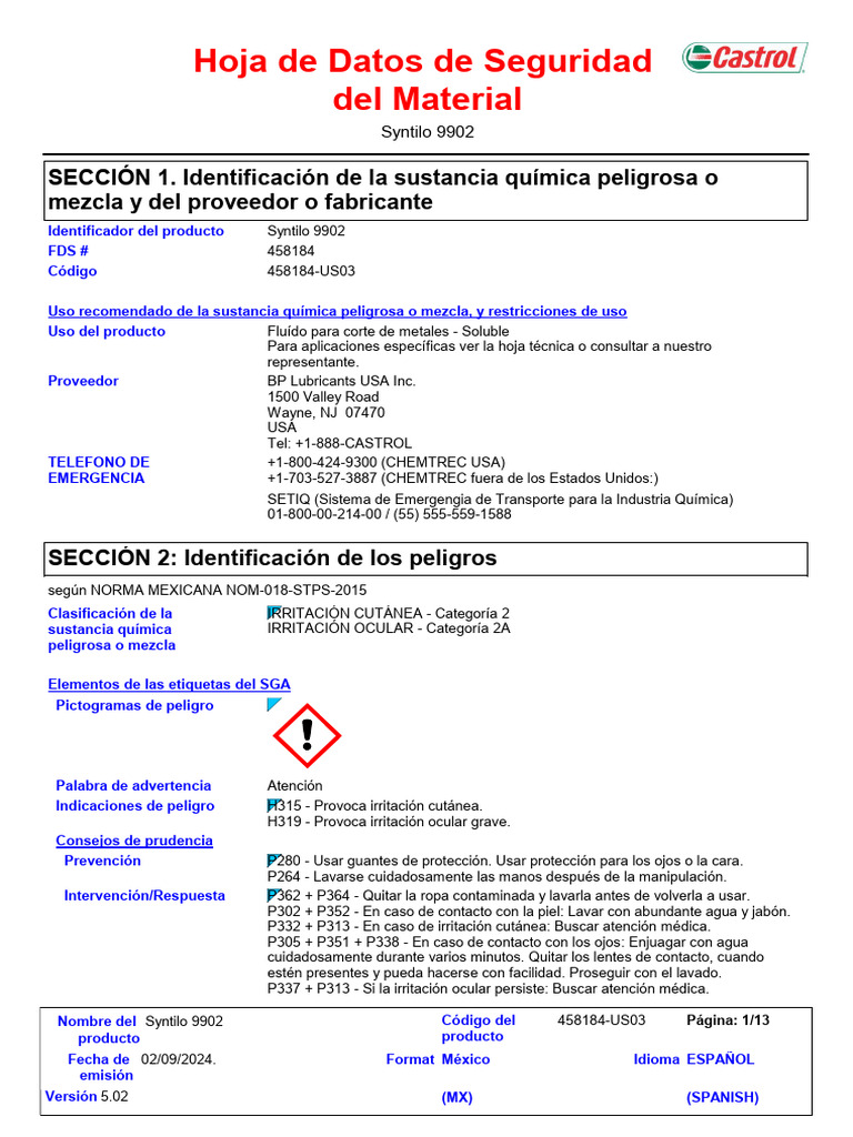 Hoja de Seguridad Syntilo 9902 MX | PDF | Residuos | Agua