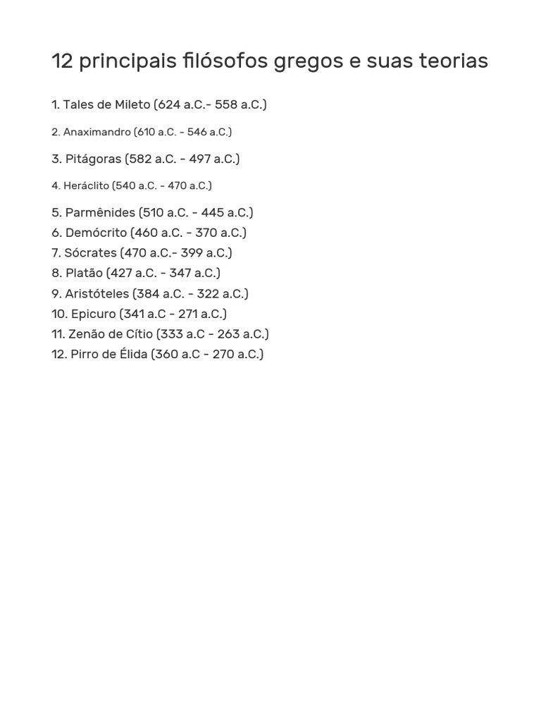 12 Principais Filósofos Gregos e Suas Teorias | PDF