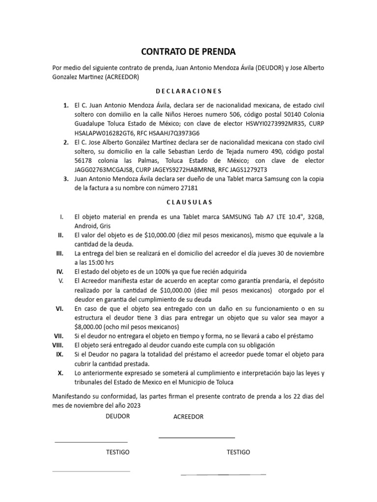 Contrato de Prenda | PDF