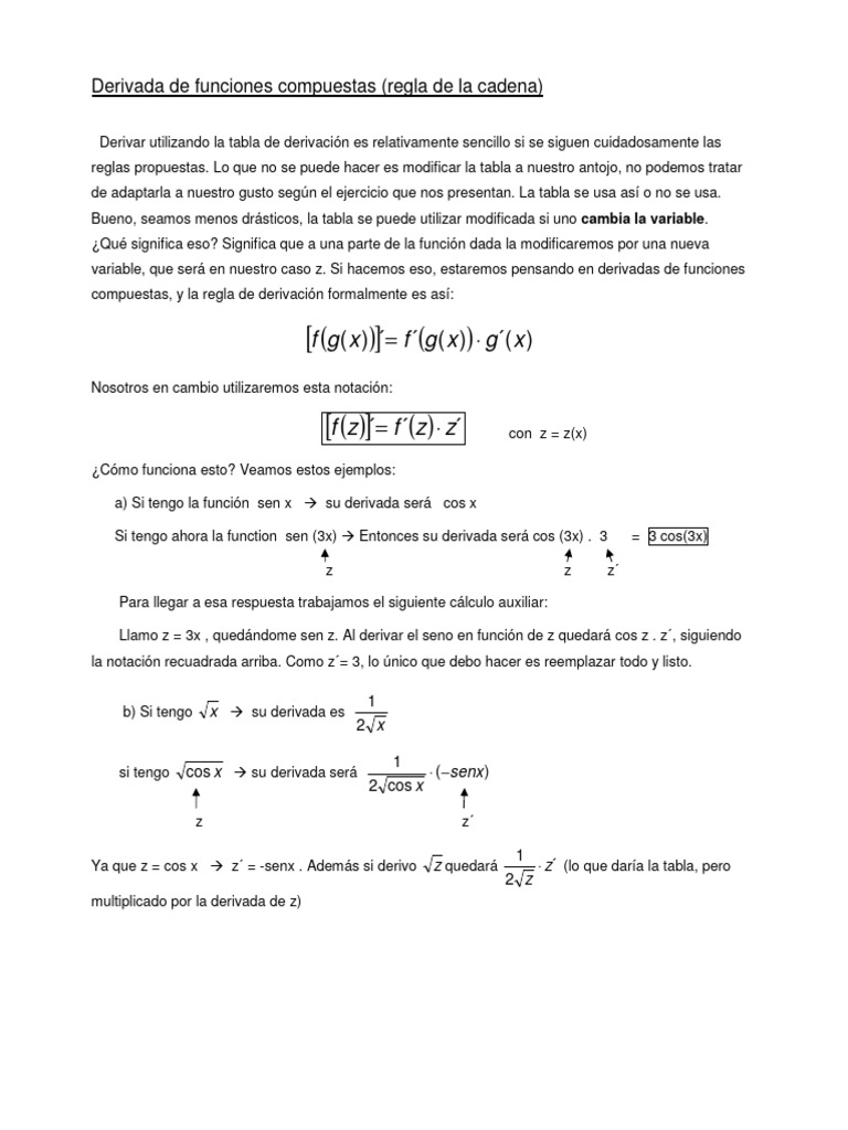 Derivadas de funciones compuestas: regla de la cadena | PDF | Métodos y ...