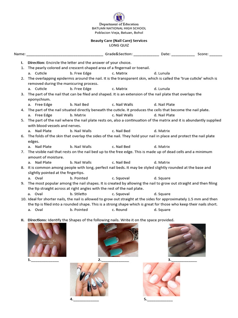 1) Long Quiz | PDF | Nail (Anatomy) | Anatomy