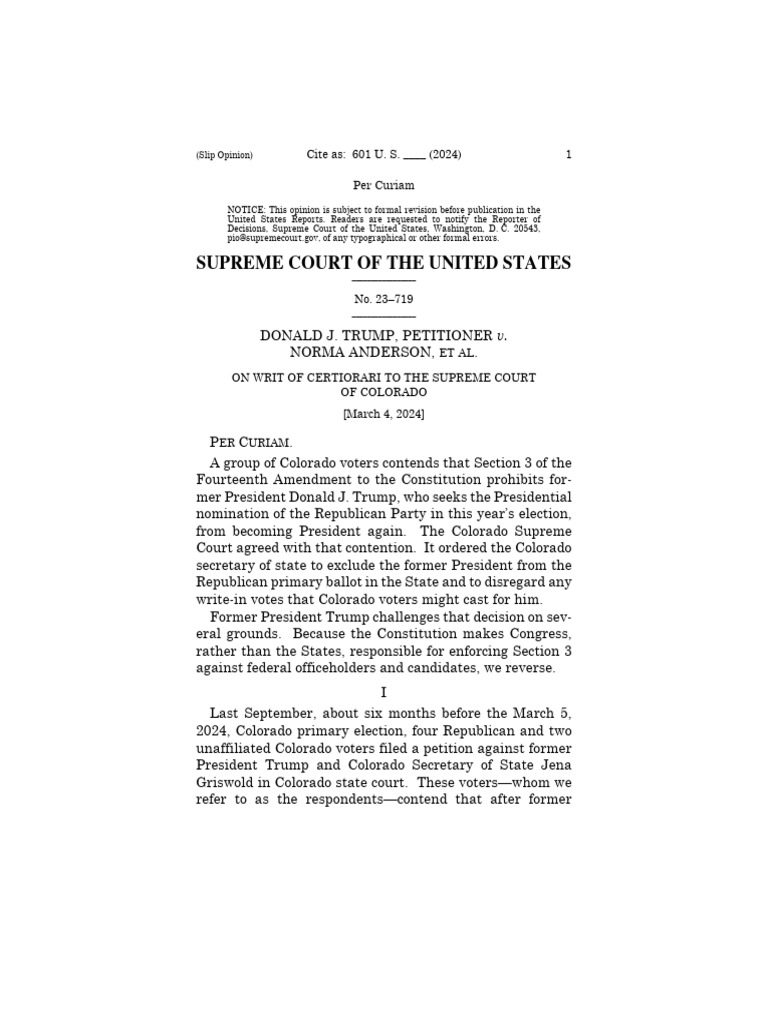 US Supreme Court Overturns Trump Disqualification | PDF | Fourteenth ...
