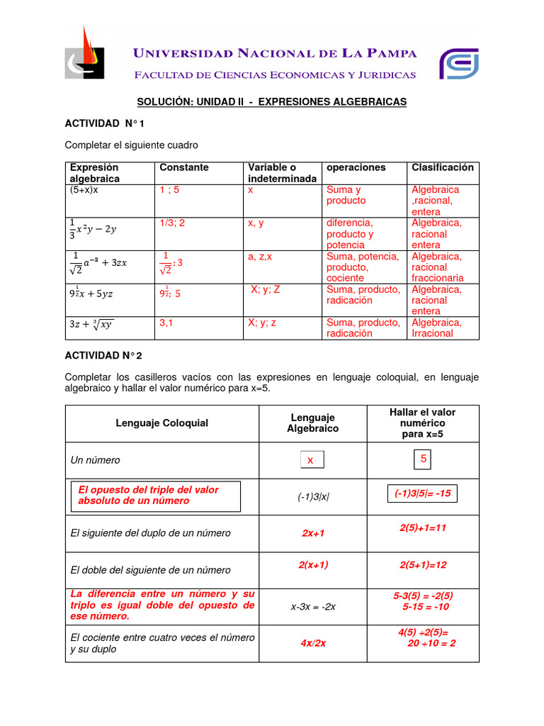 SOLUCIÓN _ UNIDAD II EXPRESIONES ALGEBRAICAS | PDF
