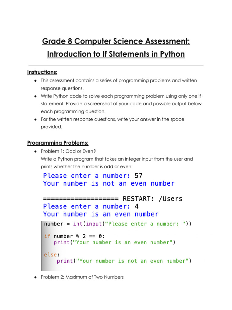 Noah James Gleeson - Grade 8 Computer Science Assessment - Introduction To If Statements in ...