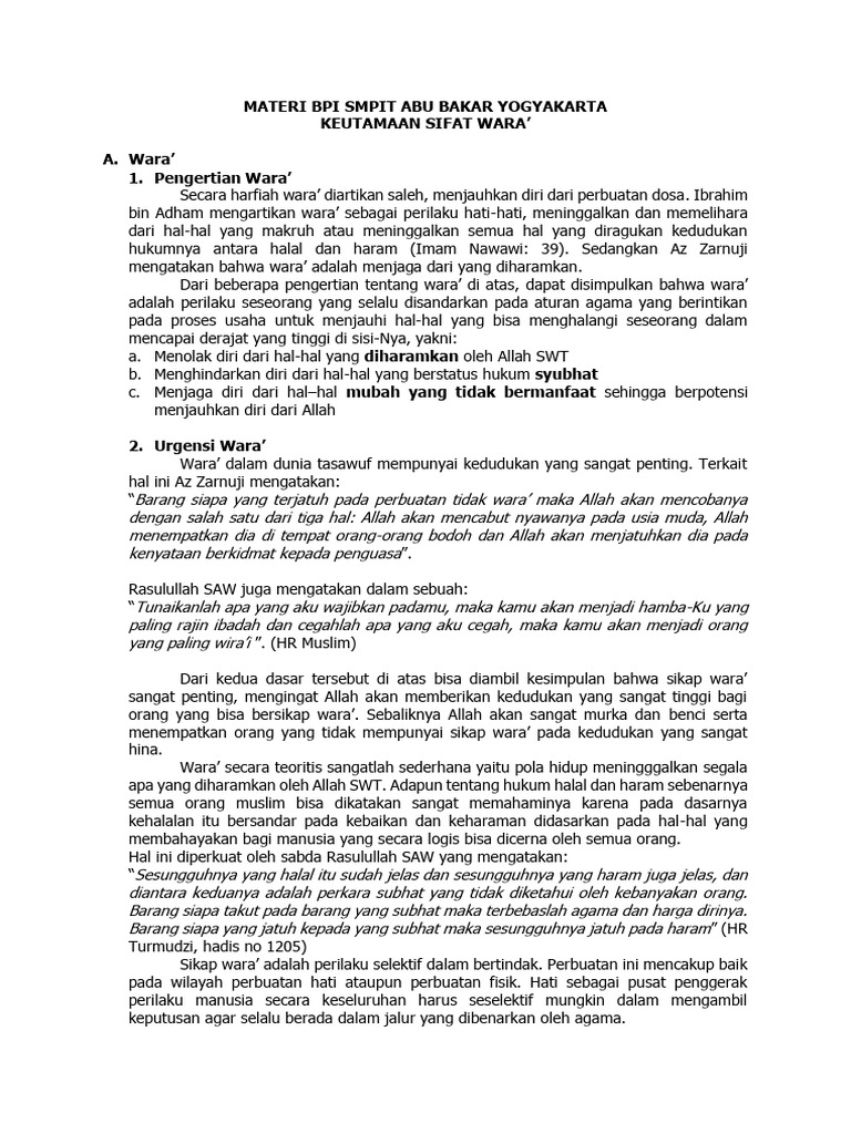 Materi BPI Keutamaan Sikap Wara' | PDF