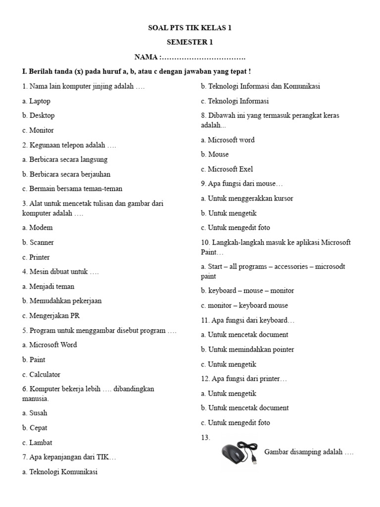 Soal PTS Tik Kelas 1 | PDF