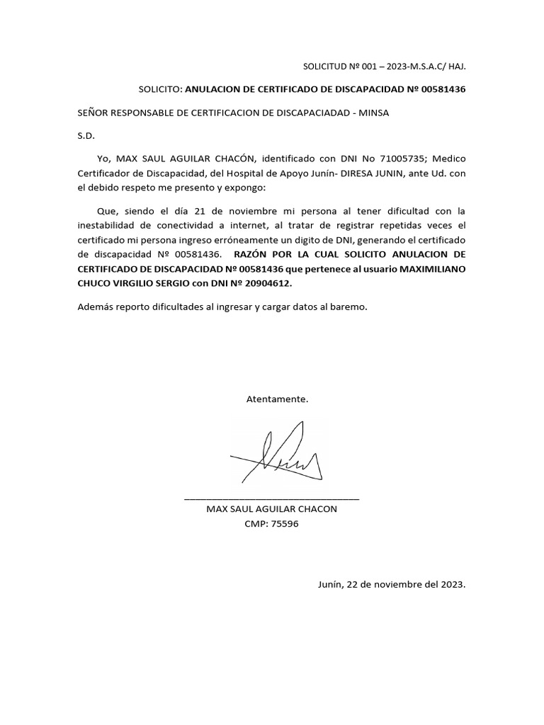 Solicitud Discapacidad Minsa | PDF