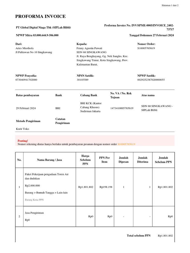 Proforma-Invoice-penampung Air | PDF