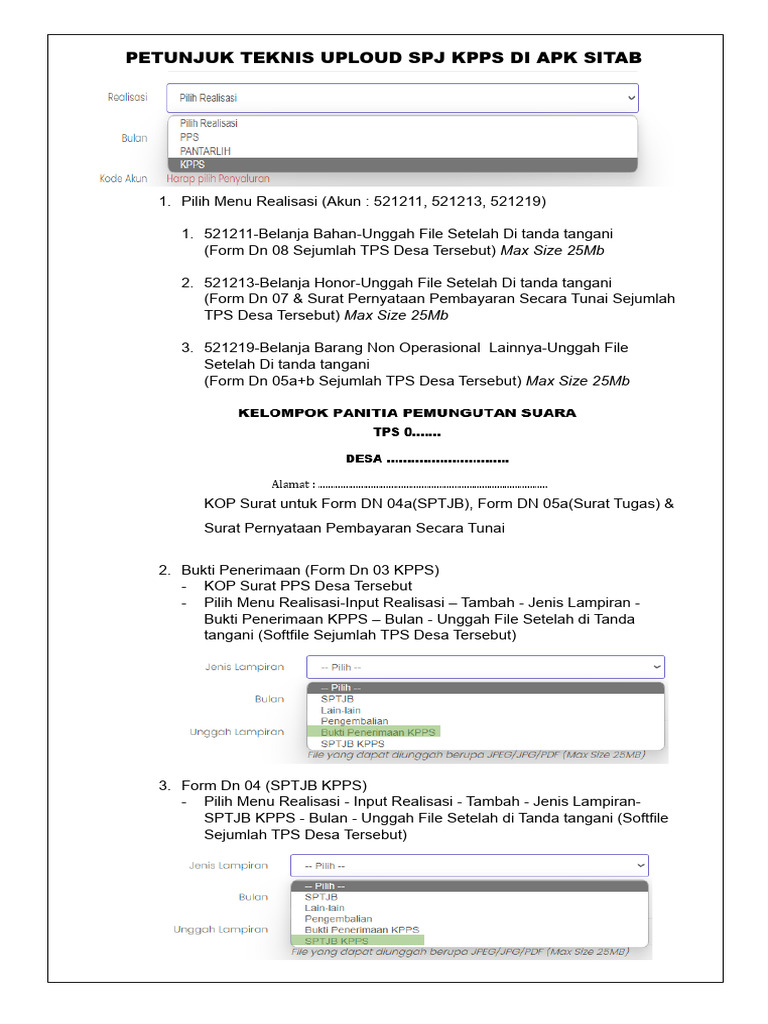 Petunjuk Teknis Uploud SPJ KPPS Di Apk Sitab | PDF