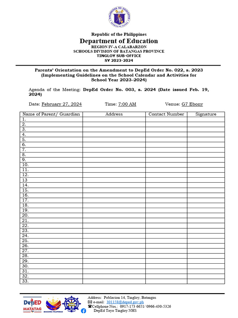 Attendance-Form-DepEd Order No. 003, s. 2024 | PDF
