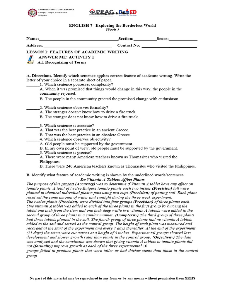 ENGLISH 7 Activity Sheets | PDF | Slang | Experiment