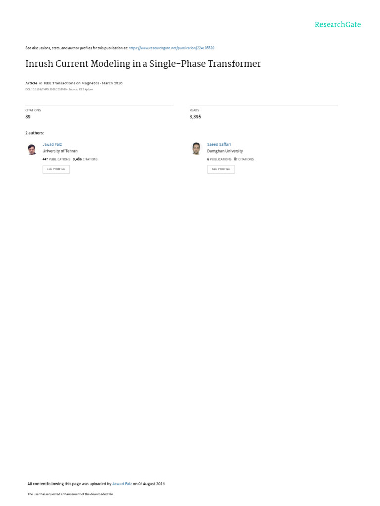 Inrush Current Modeling in A Single-Phase Transfor | PDF | Transformer ...