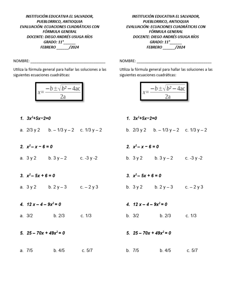 Evaluación Ecuac Cuadrat Fórmula General | PDF