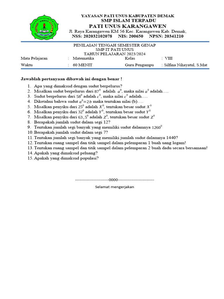 Penilaian Matematika Kelas VIII SMP IT | PDF