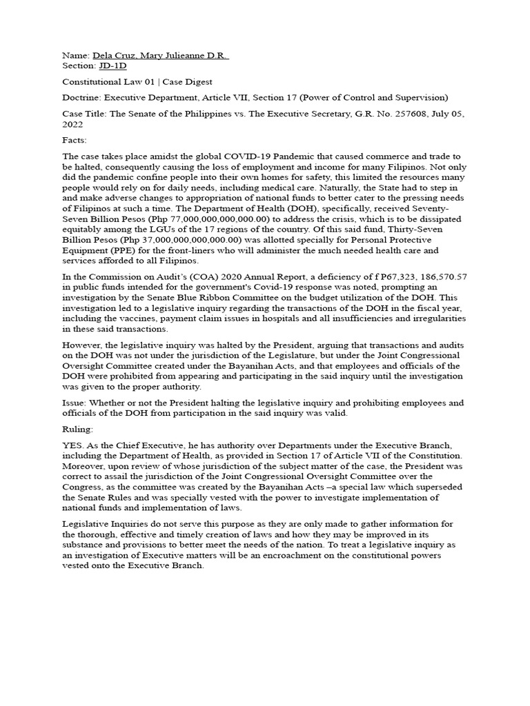 Senate vs. Executive Secretary Ruling | PDF | Congressional Oversight ...