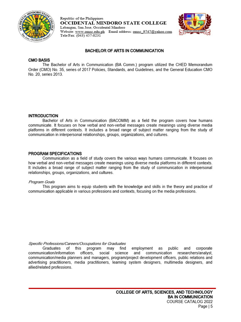 BA Comm Program Outcomes Performance Indicators Course Description | PDF | Communication | Cross ...