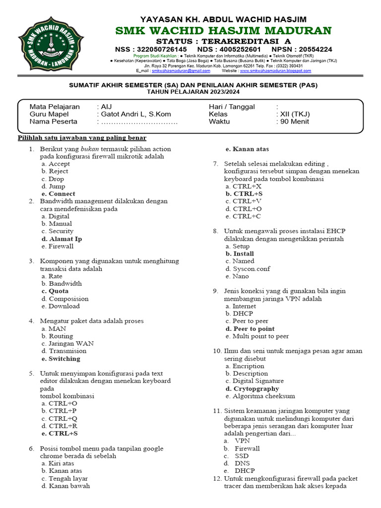 SAS Dan PAS SOAL AIJ XII TKJ 2022 2023 | PDF