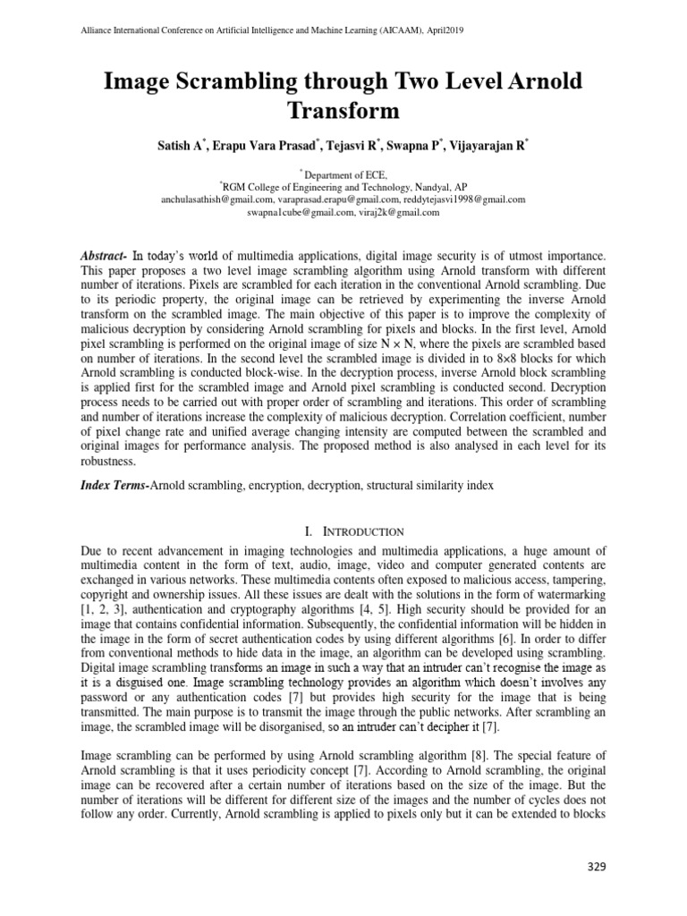 Image Scrambling Through Two Level Arnold Transform | PDF | Encryption | Computer Science