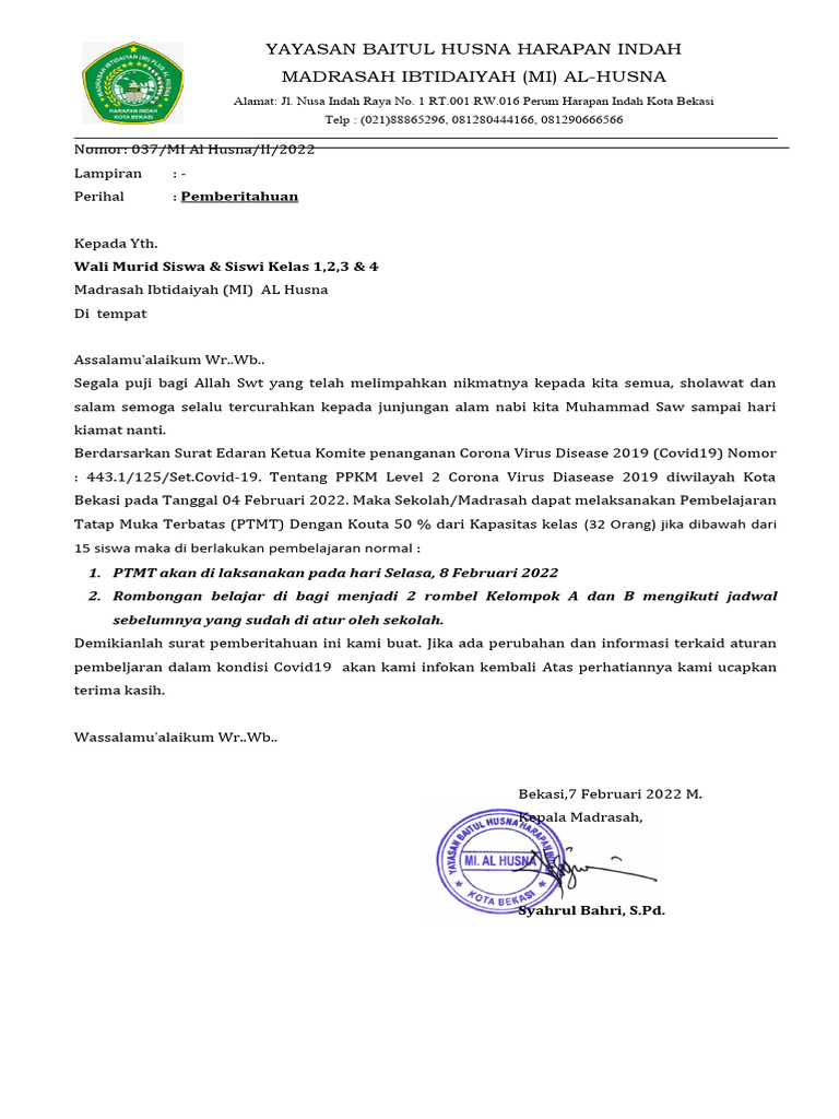 Surat Pemberitahuan PTMT | PDF