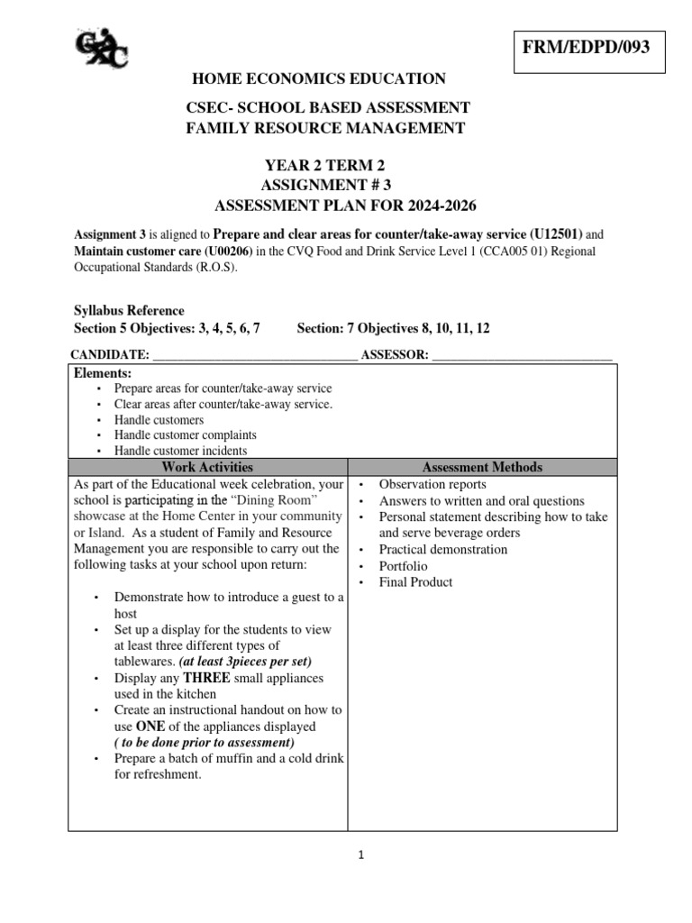 Family and Resource Management-SBA#3 2024-2026 | PDF | Information | Tableware